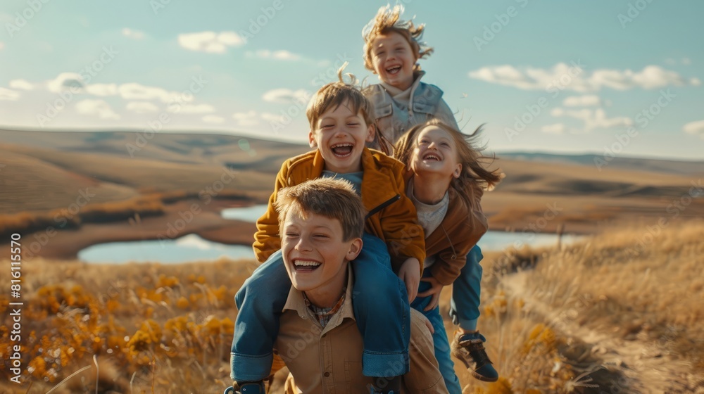 Little cute boys sit on the necks of their mother and father and whirl ...