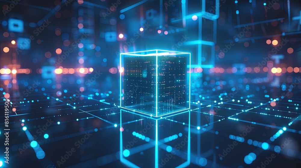 3D Render Blue Neon Light Square with Digital Technology Stock ...