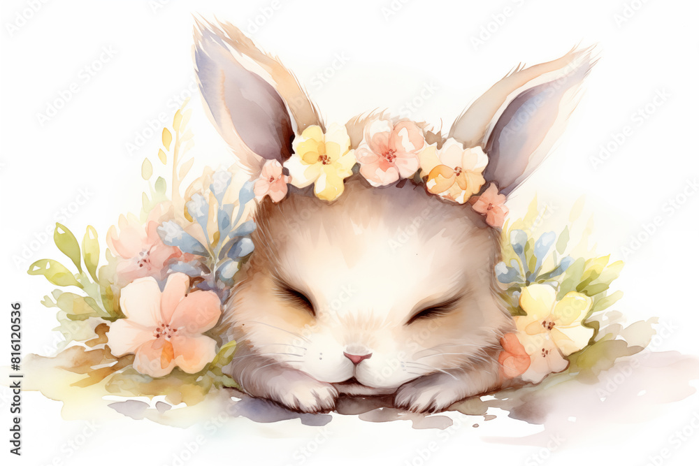 Watercolor of baby rabbit wearing flower's crown and sleep Stock ...