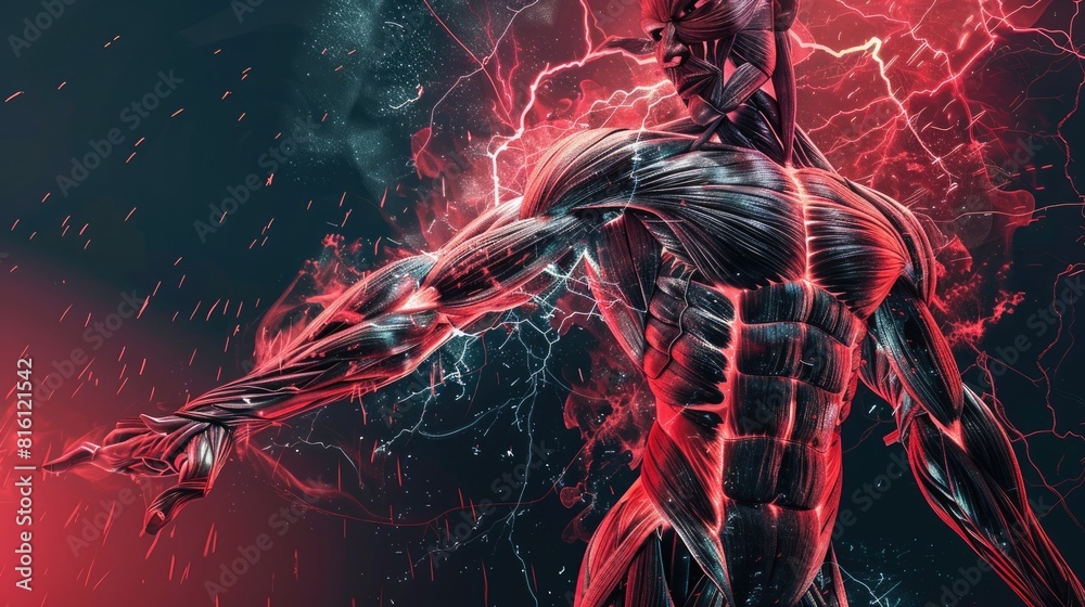 human muscle anatomy of chest, arms, and abdominals with electrical ...