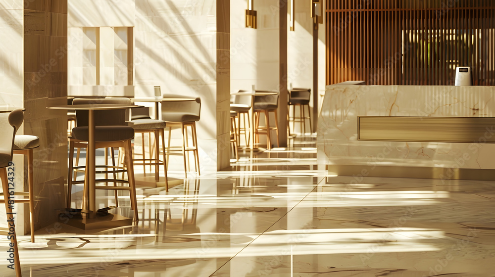 Light wooden and marble tile floor interior of modern cafe with double ...