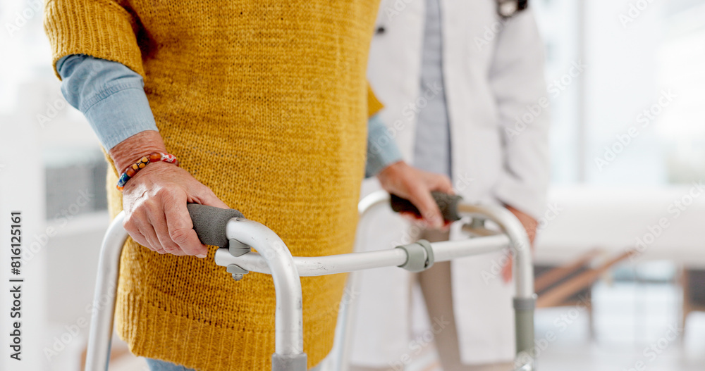 Senior hands, doctor and physiotherapy with walker for support, help ...