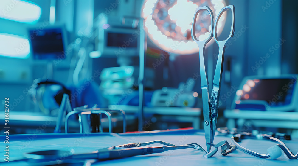 Surgical clamps and medical equipment on surgical traySurgical scissors ...