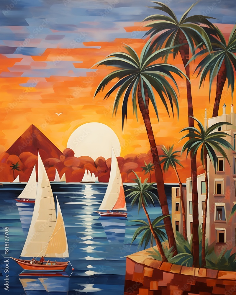 Giza Egypt Pyramid of Djoser Africa Acrylic Painting Illustration ...