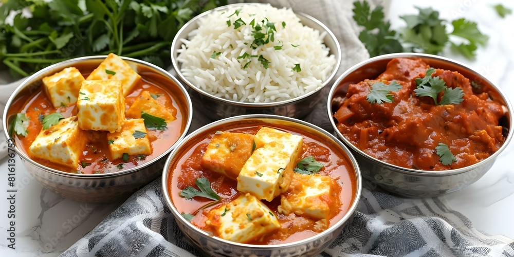 Delicious Overhead View of Shahi Paneer, Butter Paneer, and Cumin Rice ...