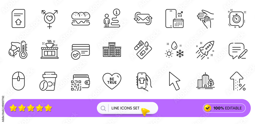 Takeaway coffee, Refresh mail and Be true line icons for web app. Pack ...