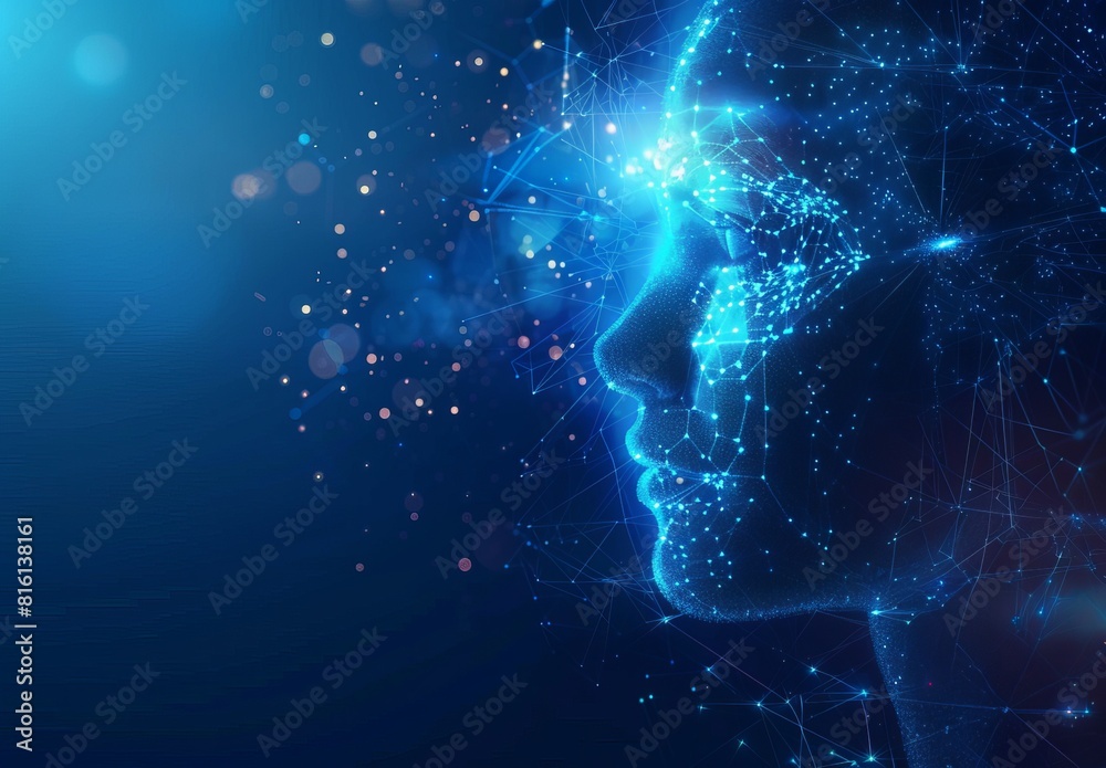 This striking image captures a digital human face mesh with sparkling ...