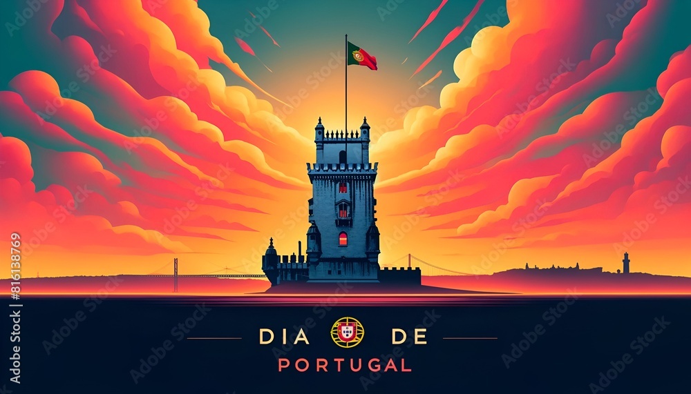Illustration of a poster celebrating portugal day with the iconic tower ...