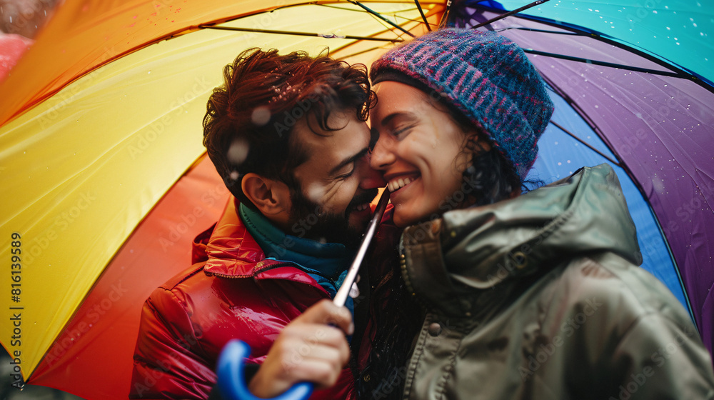 Joyful moments under a rainbow umbrella in the rain. A candid shot of ...