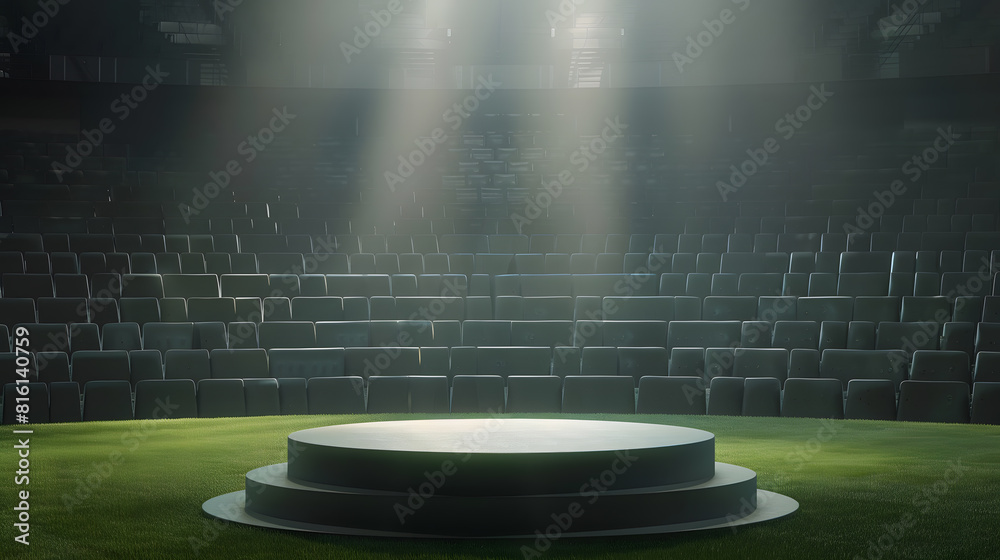 podium in the center of a stadium surrounded by rows of empty seats and ...