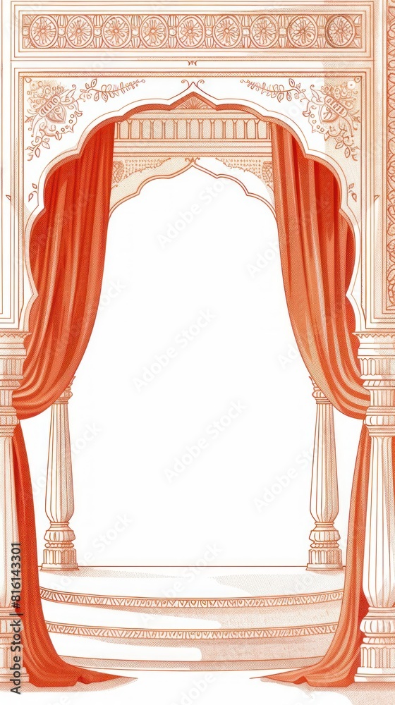 indian wedding arch illustration with red curtains and architecture ...