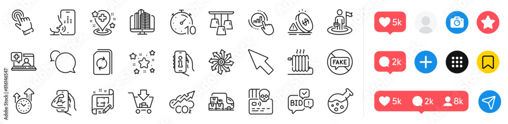 Timer, Fitness and Co2 line icons pack. Social media icons. Inflation, Shopping, Voicemail web ...