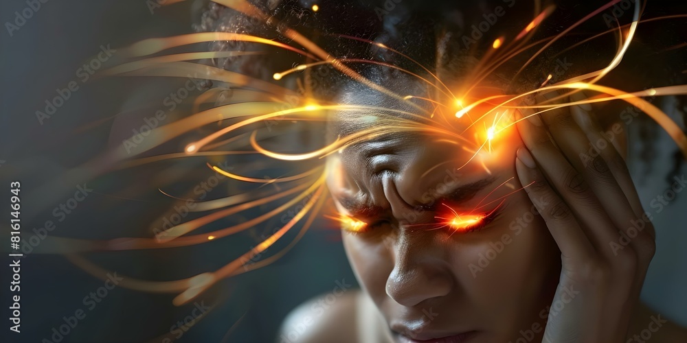 Person holding head in pain with red and yellow flashes indicating ...