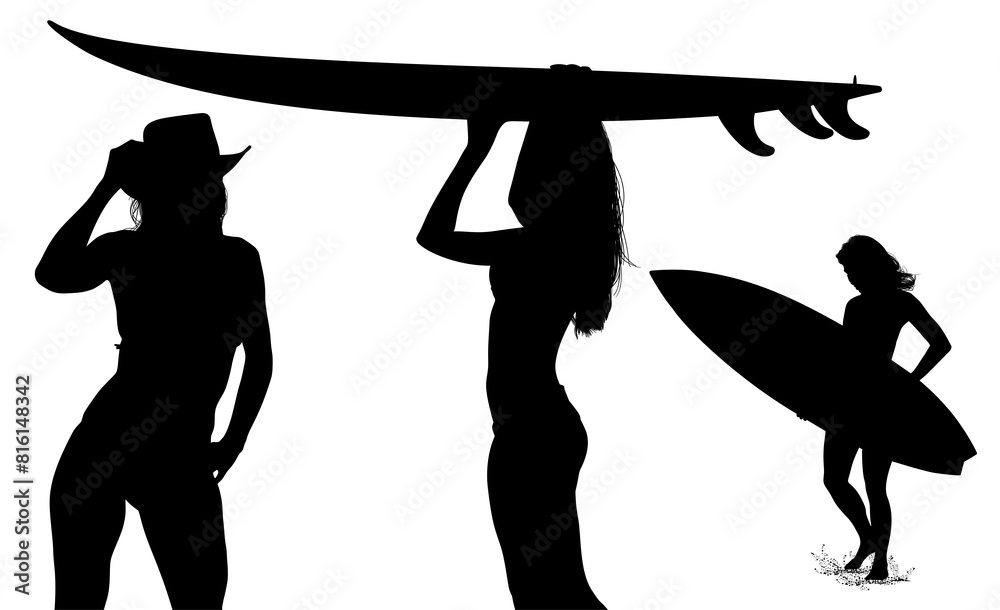 surfistas, contraluz, vector, tabla, surf, mar, atardecer, mujer ...