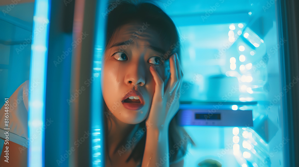 Shocked young asian woman looking inside empty fridge and touching her ...