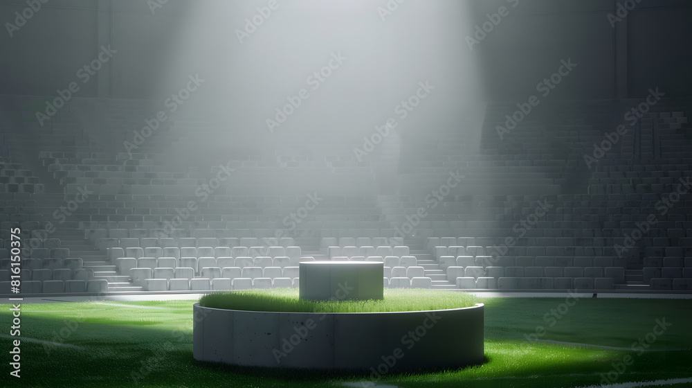 podium in the center of a stadium surrounded by rows of empty seats and ...