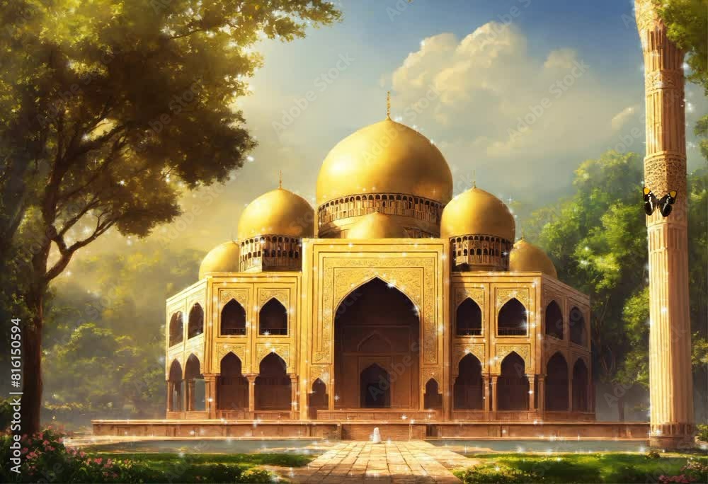 Islamic animation of beautiful mosque building and beautiful trees ...