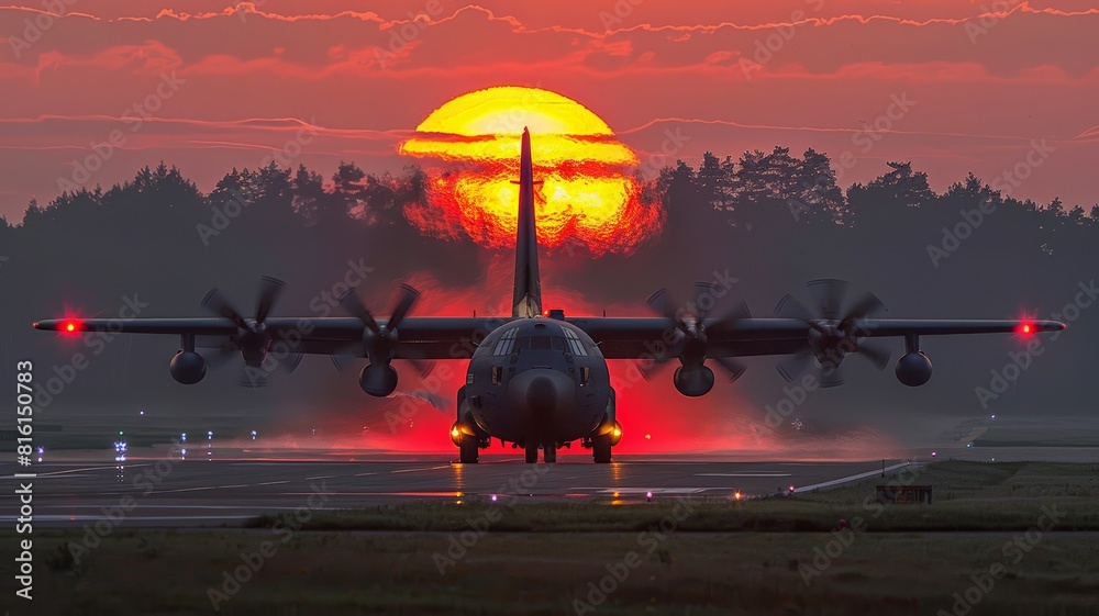 Military transport aircraft taking off at sunrise, with a strikingly ...