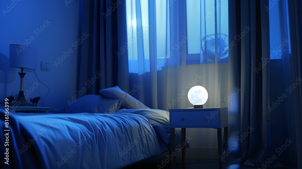Moonlight in bedroom at night from window Bed and table in dark room at ...