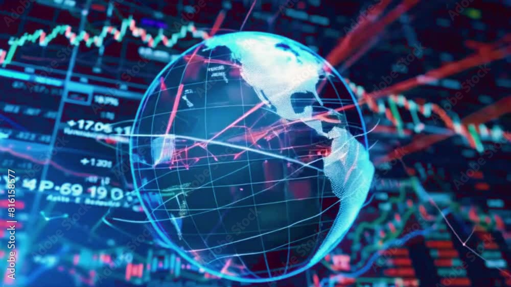 A rotating 3D globe highlighting different stock exchanges around the ...