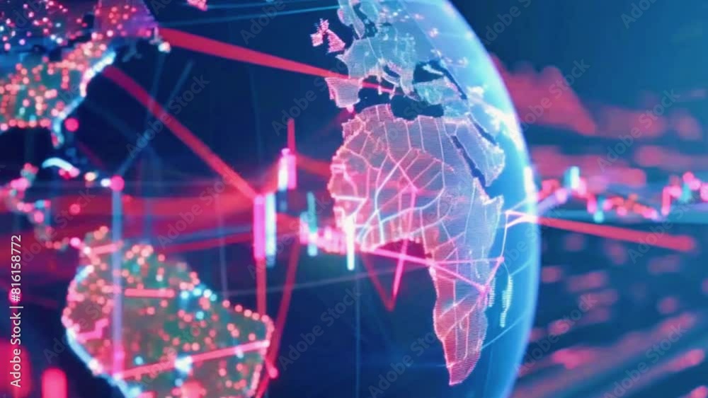 A rotating 3D globe highlighting different stock exchanges around the ...
