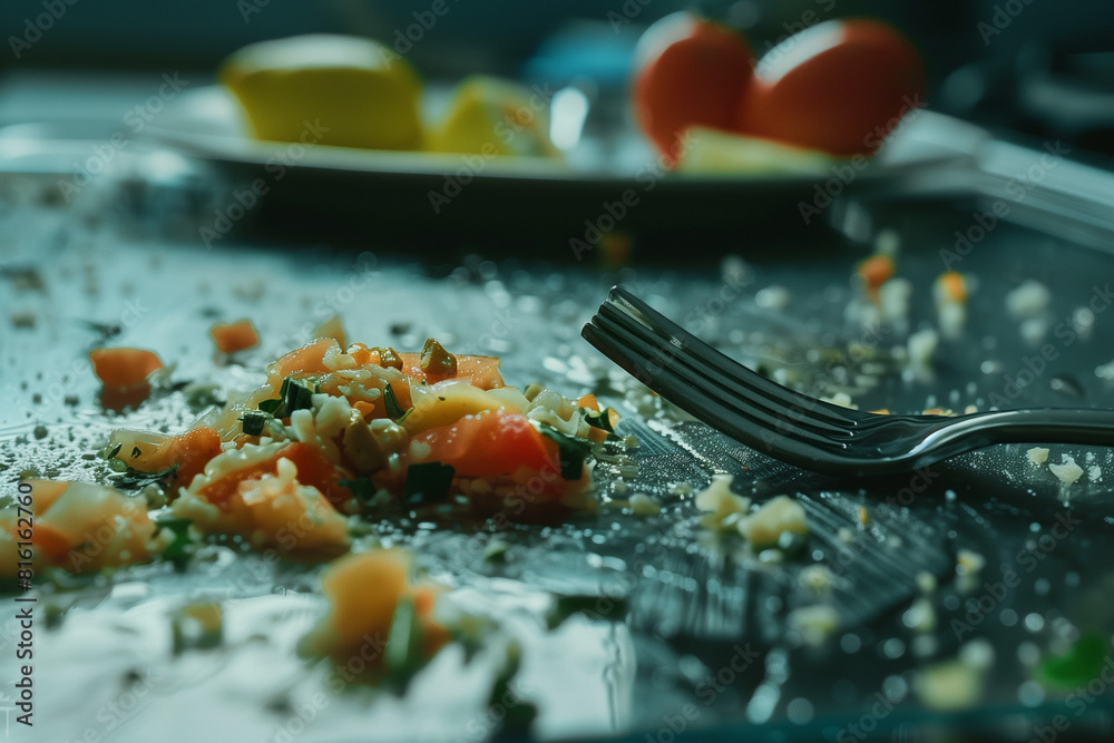 Half-eaten food on a table. Photo of messy lunch or dinner illustrating ...