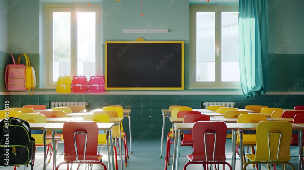 Bright interior of empty classroom without students in modern ...