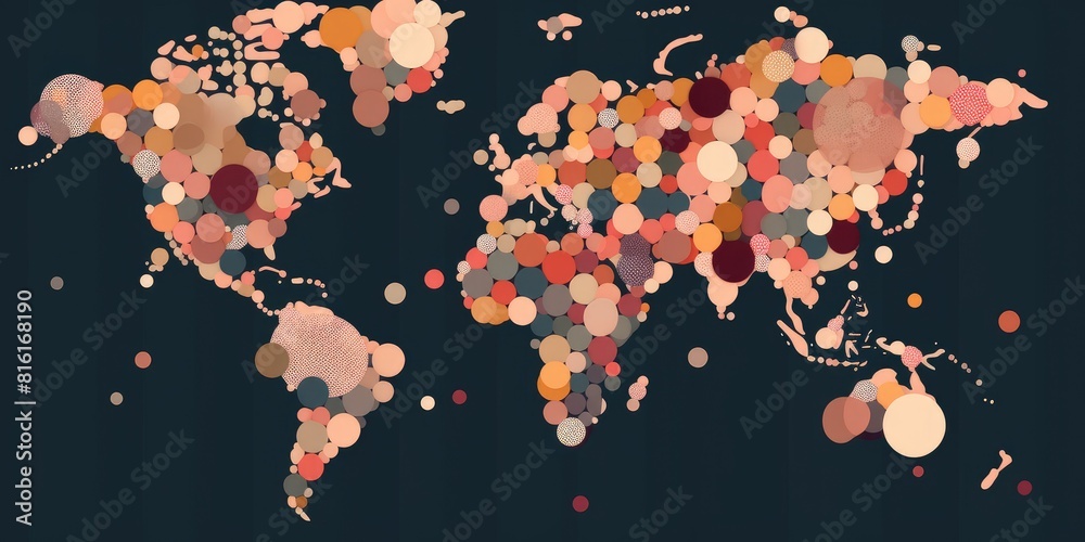 Stylized world map composed of multicolored circles on a white ...