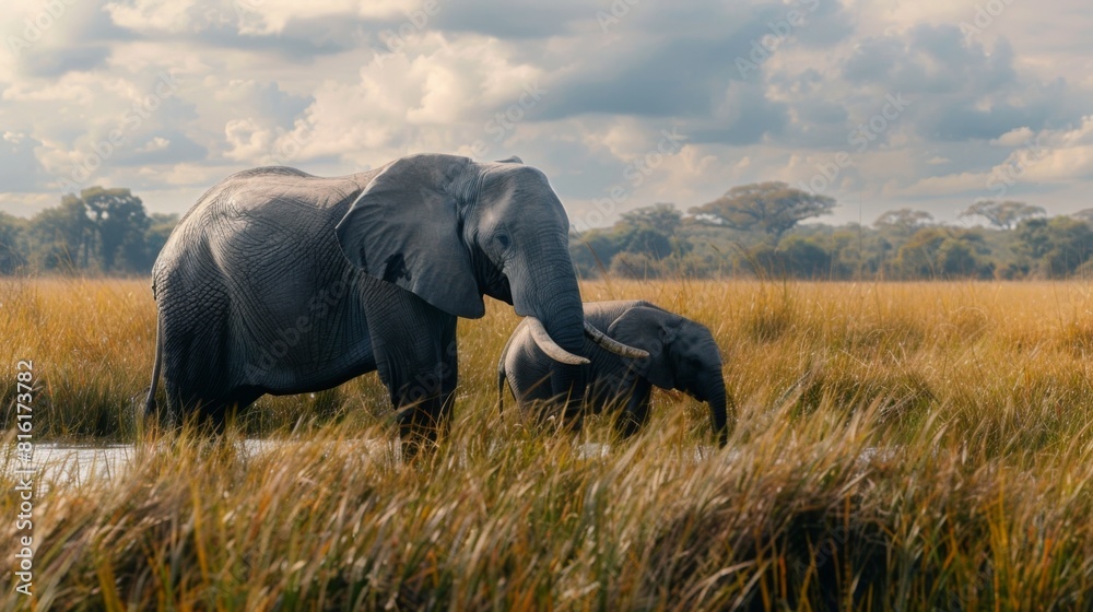 Detailed image of a caring adult elephant guiding a calf in rich marshy ...
