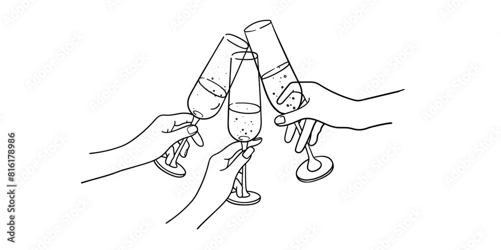 Continuous line champagne cheers one line art, continuous drawing ...