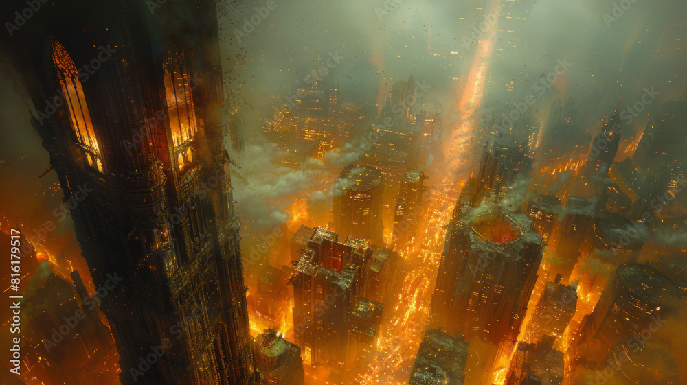 a 45 degree downwards angle of a city, taken from a 200 foot tall ...