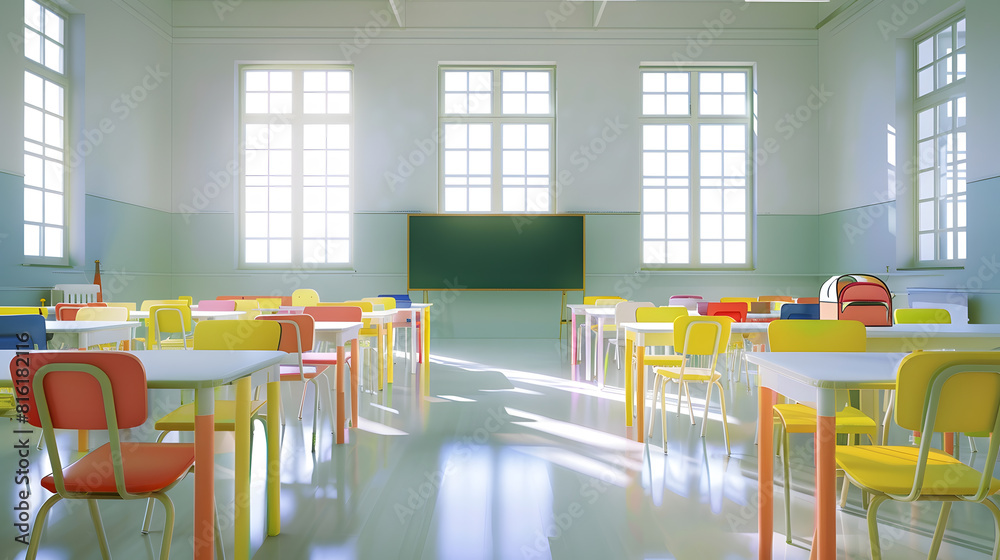 Bright interior of empty classroom without students in modern ...