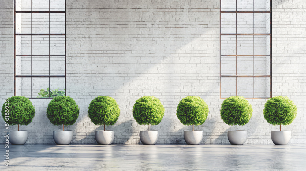 Row of perfectly trimmed topiary trees in modern white planters against ...