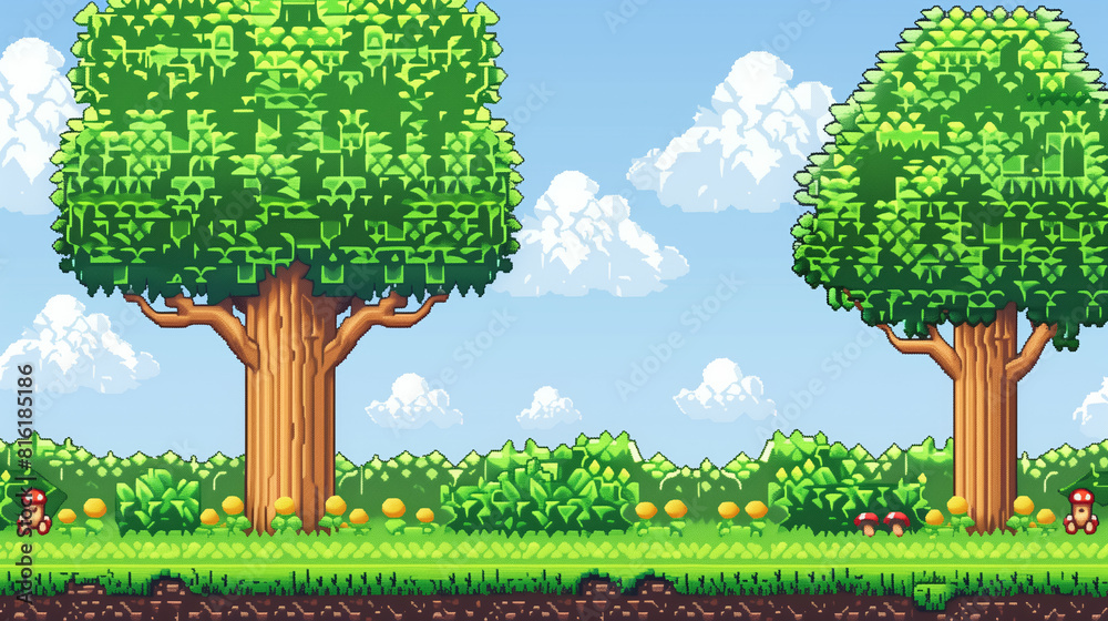 Colorful, pixelated landscape of a video game with large, stylized ...