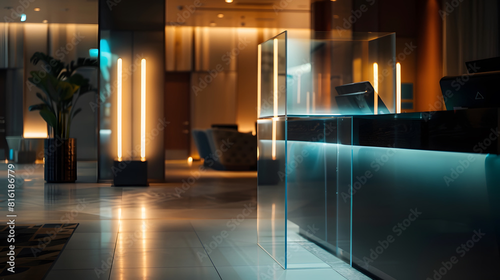 Interior of a hotel lobby with reception desks with transparent covid ...