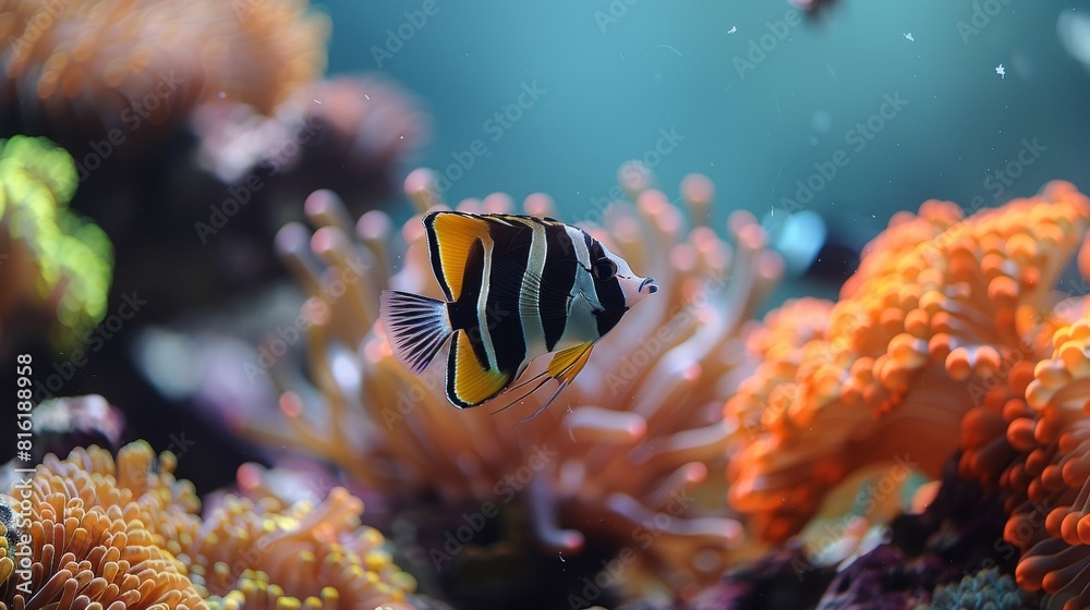 In an aquarium with blue water and corals, a Moorish idol fish can be ...