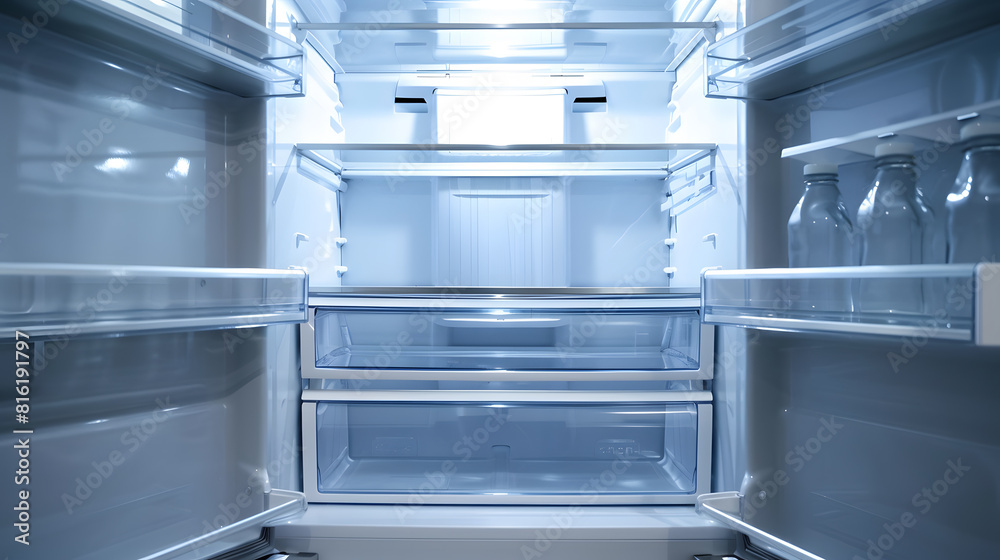 Open empty refrigerator Refrigerator open empty fridge inside interior Close up on empty ...