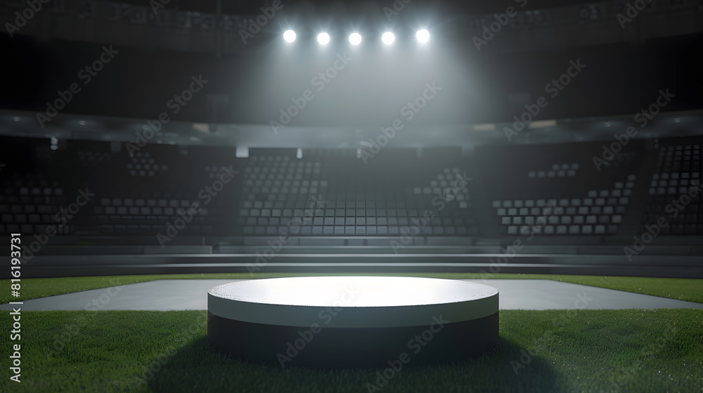 podium in the center of a stadium surrounded by rows of empty seats and ...