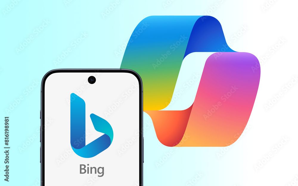 Bing logo is displayed on a modern smartphone, white background with ...