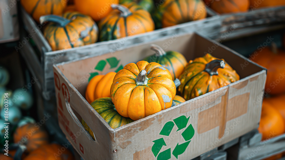 Fresh pumpkin with a green recycle symbol imprinted on box ...