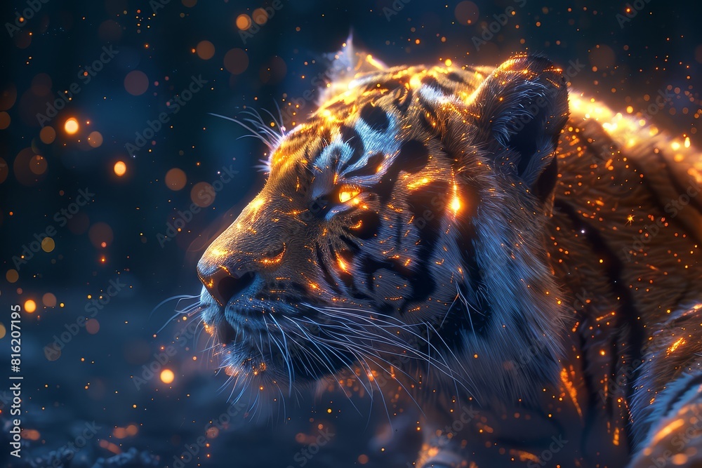 Ethereal tiger with its head tilted to the side, half in shadow and ...