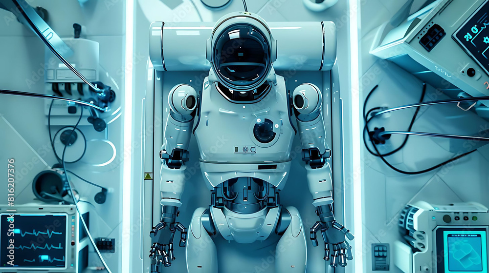 The image shows a robot in a glass container. The robot is white and ...