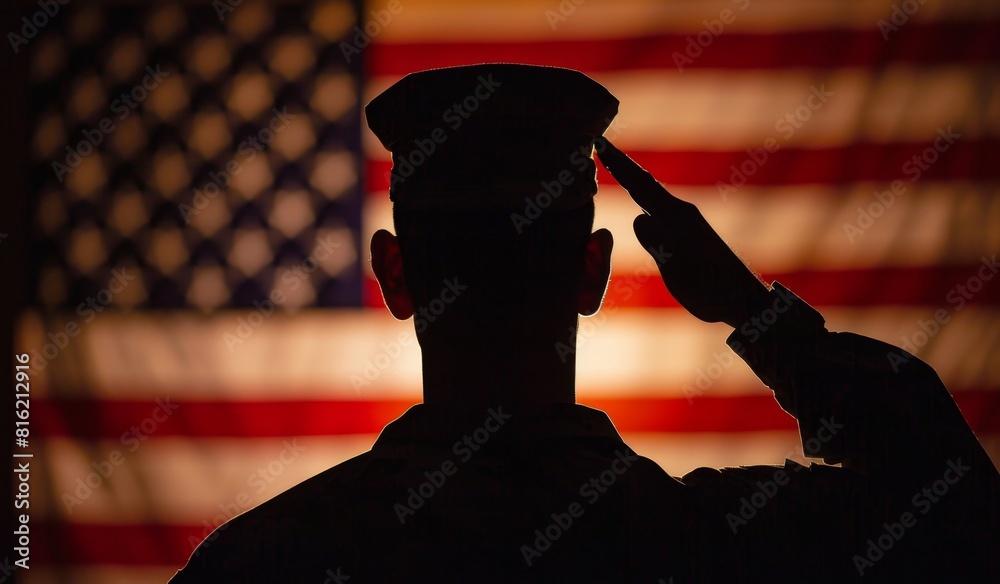 Silhouette of a soldier saluting in front of an American flag ...