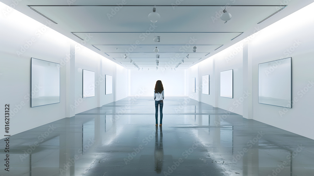 Empty big hall wall mockup Woman walk in museum gallery with blank wall ...
