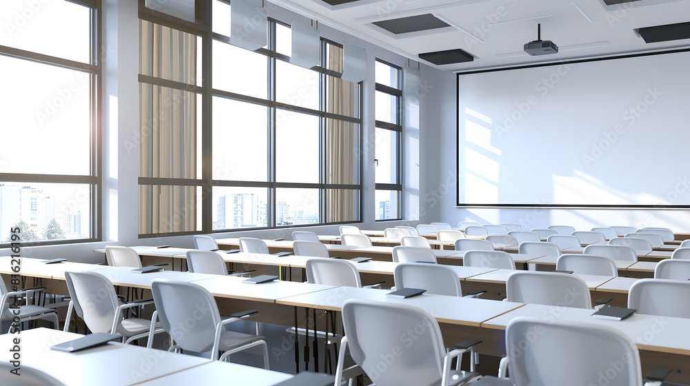 Projector screen canvas in modern conference room with big windows Side ...