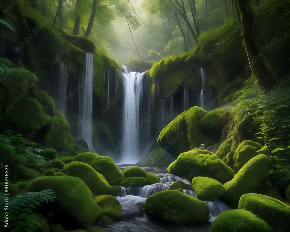 Nature background a deep forest scene featuring a cascading waterfall ...