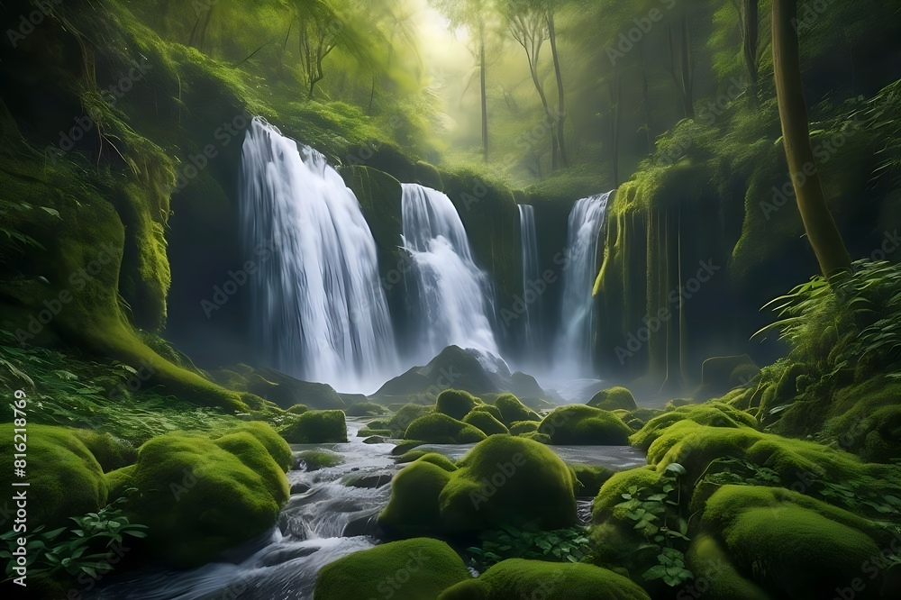Nature background a deep forest scene featuring a cascading waterfall ...