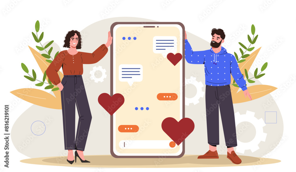Two illustrated characters standing around a giant smartphone, with ...