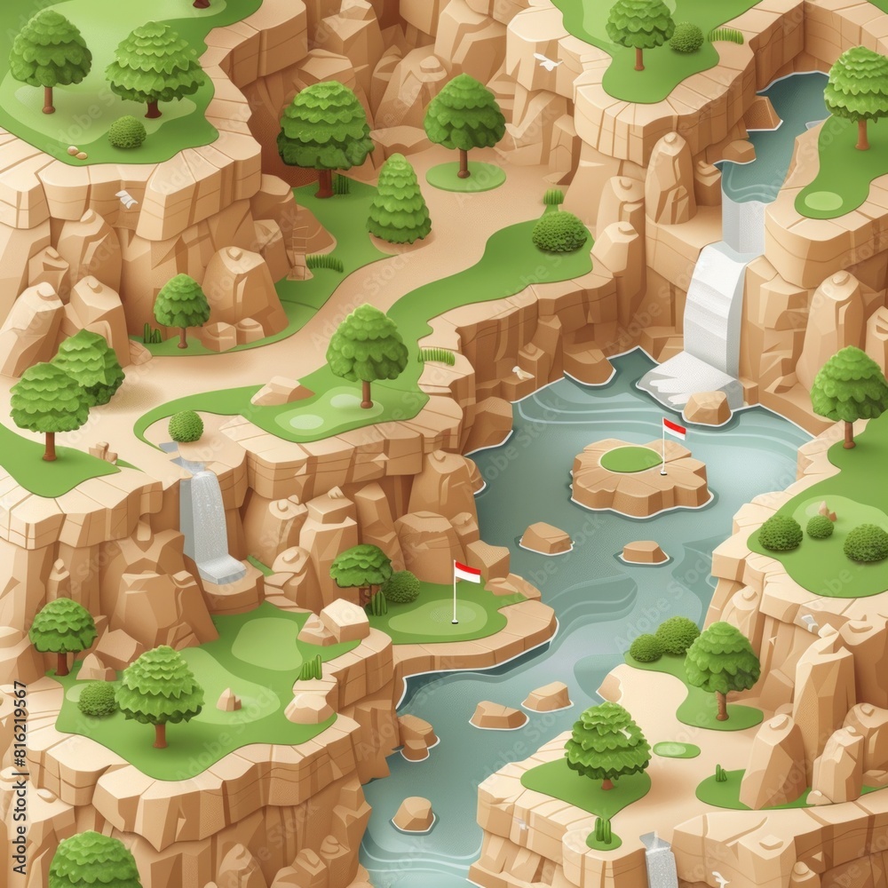 Explore a whimsical cartoon map featuring a winding river and a ...