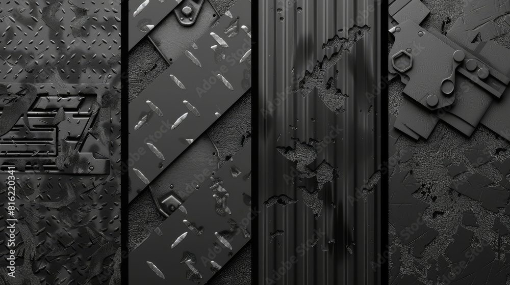 A detailed montage of various aged metal surfaces and weathered bricks ...